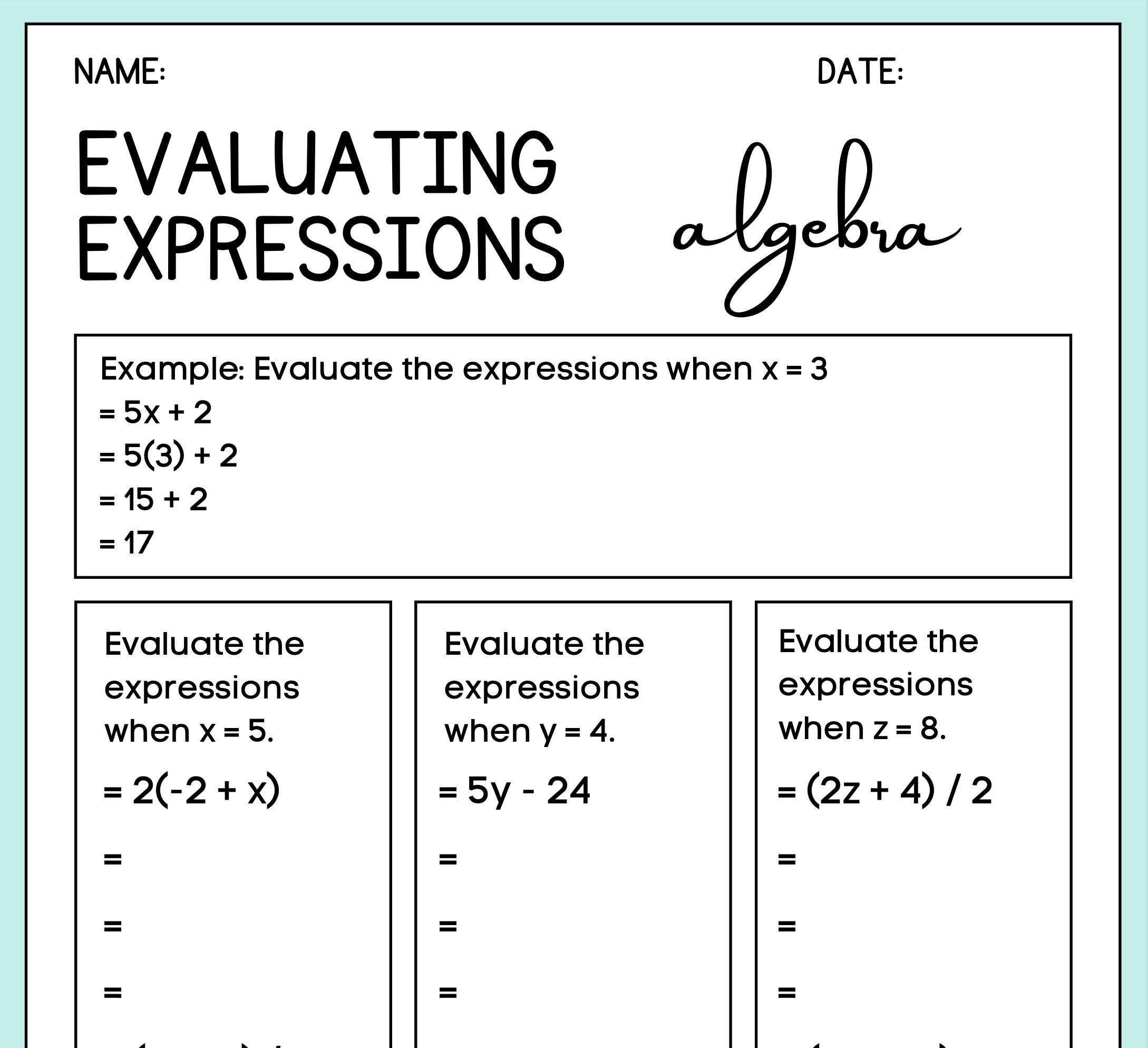 Evaluate Expressions Worksheet