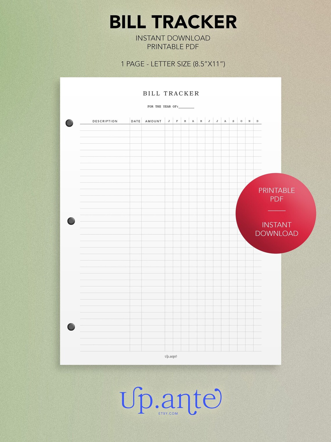 BILL TRACKER OVERVIEW Printable Letter Sized Sheet Annual | Etsy