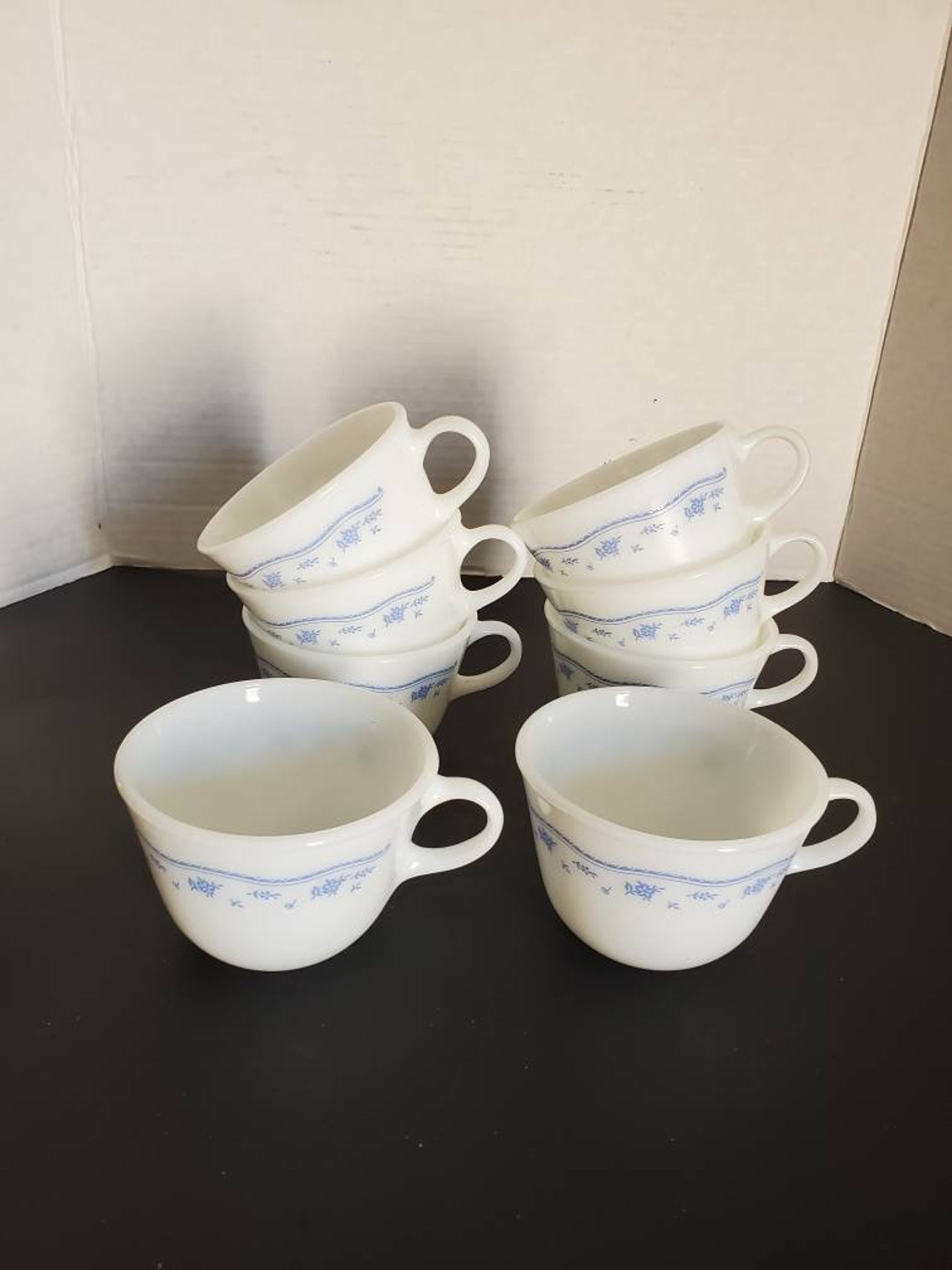 Vintage 8pc Pyrex Milk Glass With A Morning Blue Floral Pattern Design ...