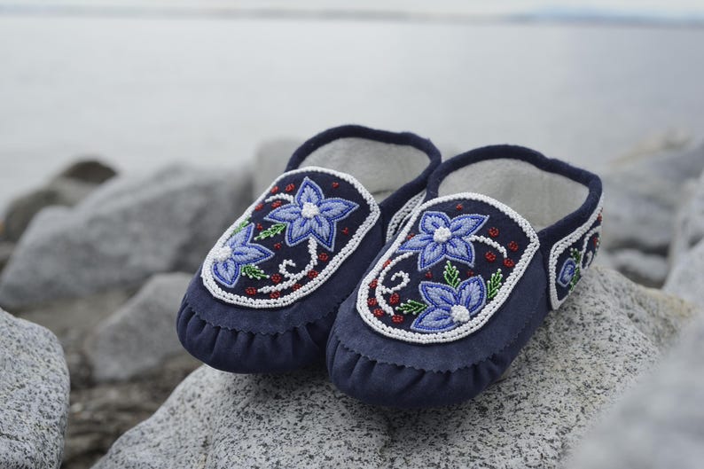 Moccasins Beaded Blue Leather 100% Leather Authentic Hand Beaded - Etsy