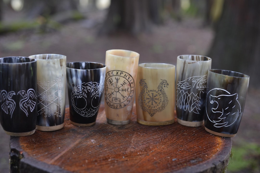 Handcarved Ox Horn Drinking Cups Norse-inspired Carved Design - Etsy