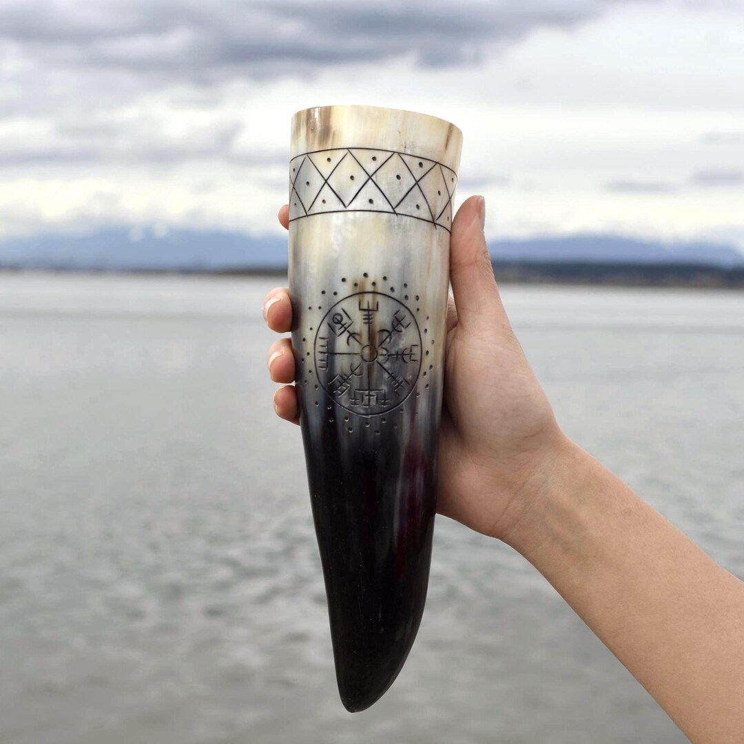 Viking Drinking Horn – Genuine Ox Horn Mead Cup | Engraved Vegvísir or ...