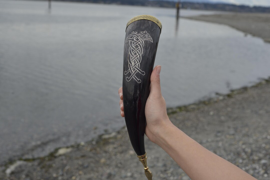 Celtic Knot Drinking Horn – Hand Engraved Ox Horn With Brass Rim or Tip ...