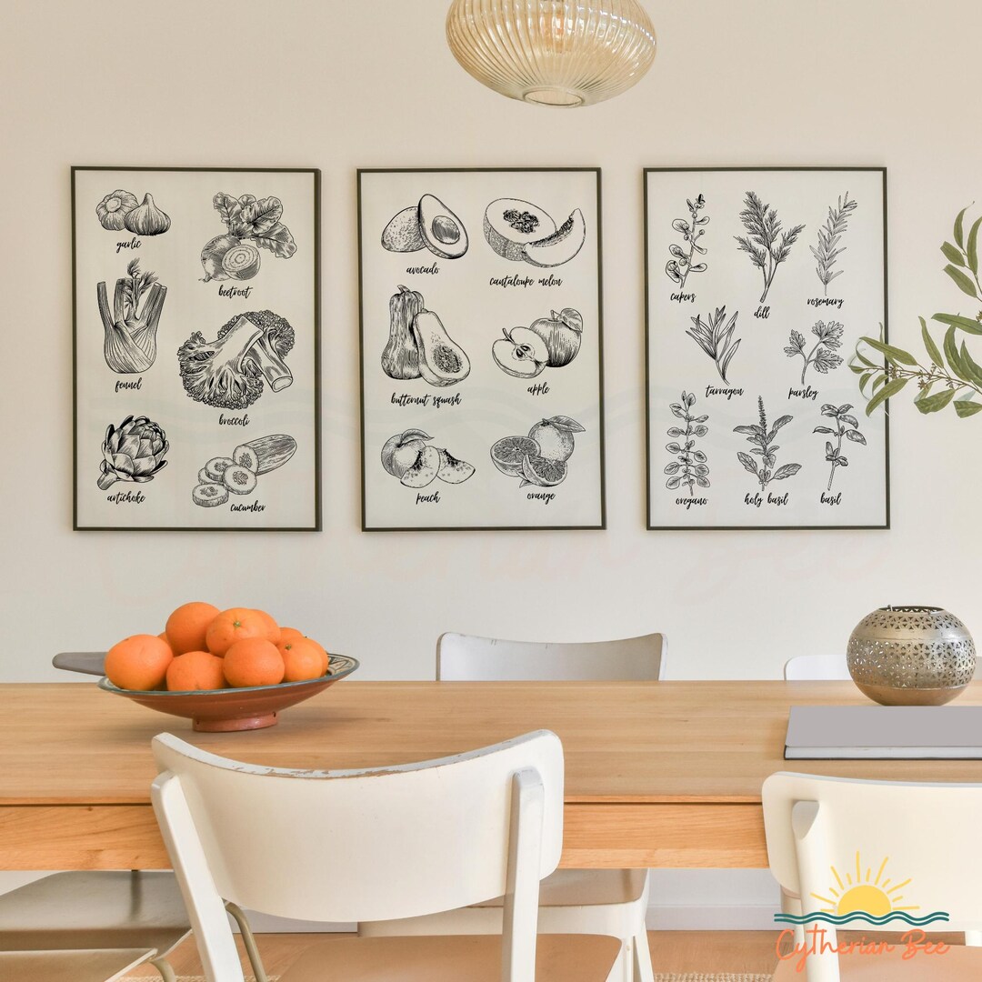 Rustic Kitchen Wall Art Set of Three, Fruits, Vegetables, Herbs Wall ...