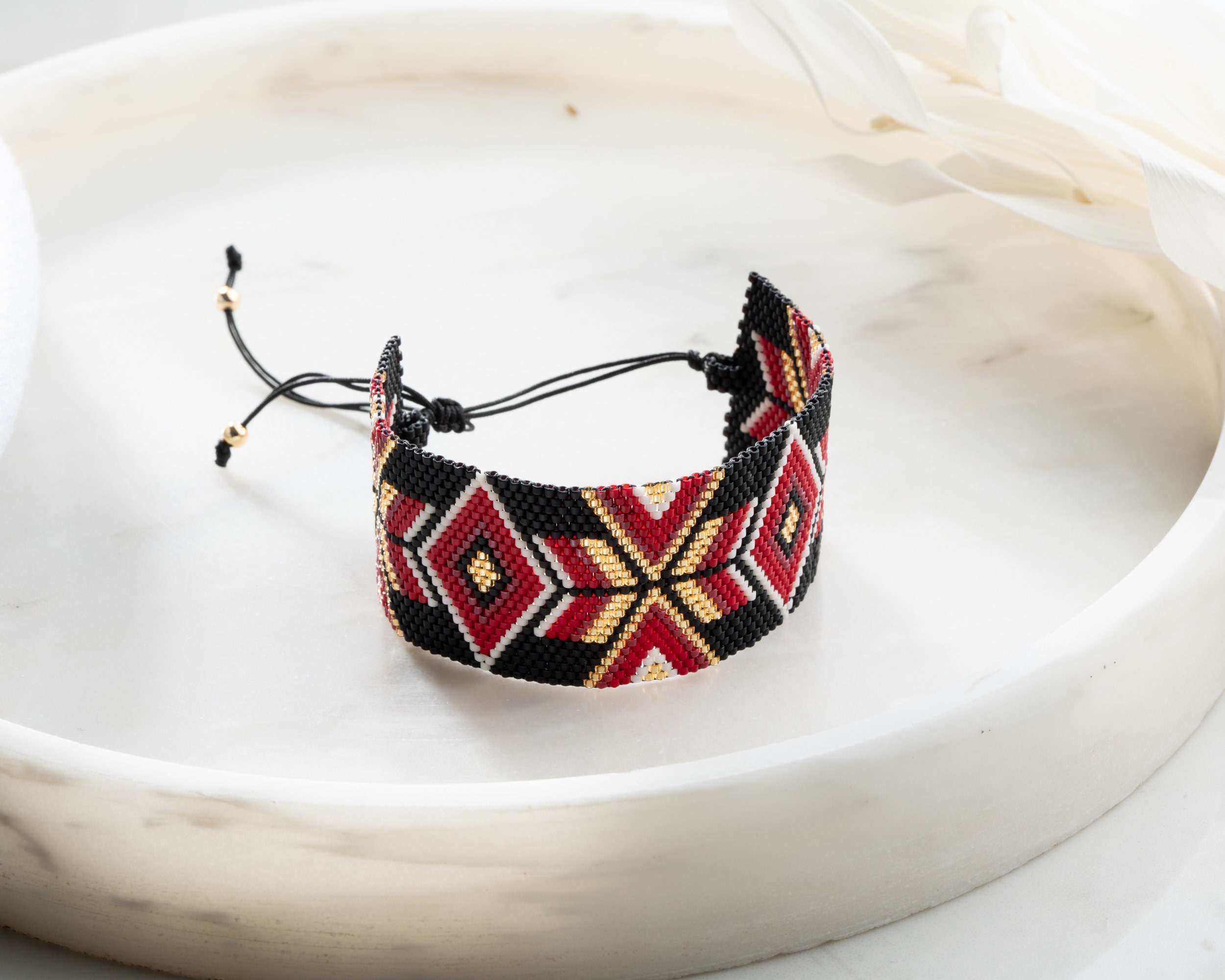 Native Black Red Beaded Bracelet, American Indian Ethnic Cuff, Aztec ...