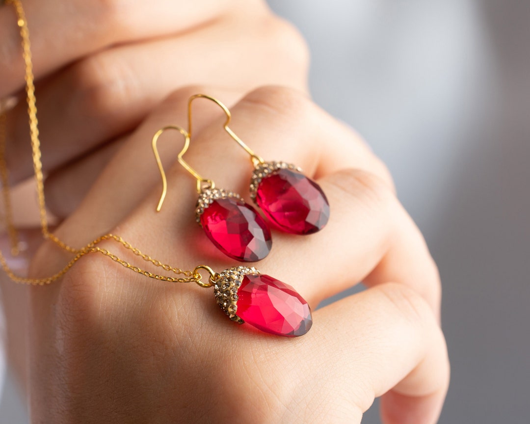 Ruby Crystal Jewelry Set: Gold Plated Sterling Silver Necklace and ...