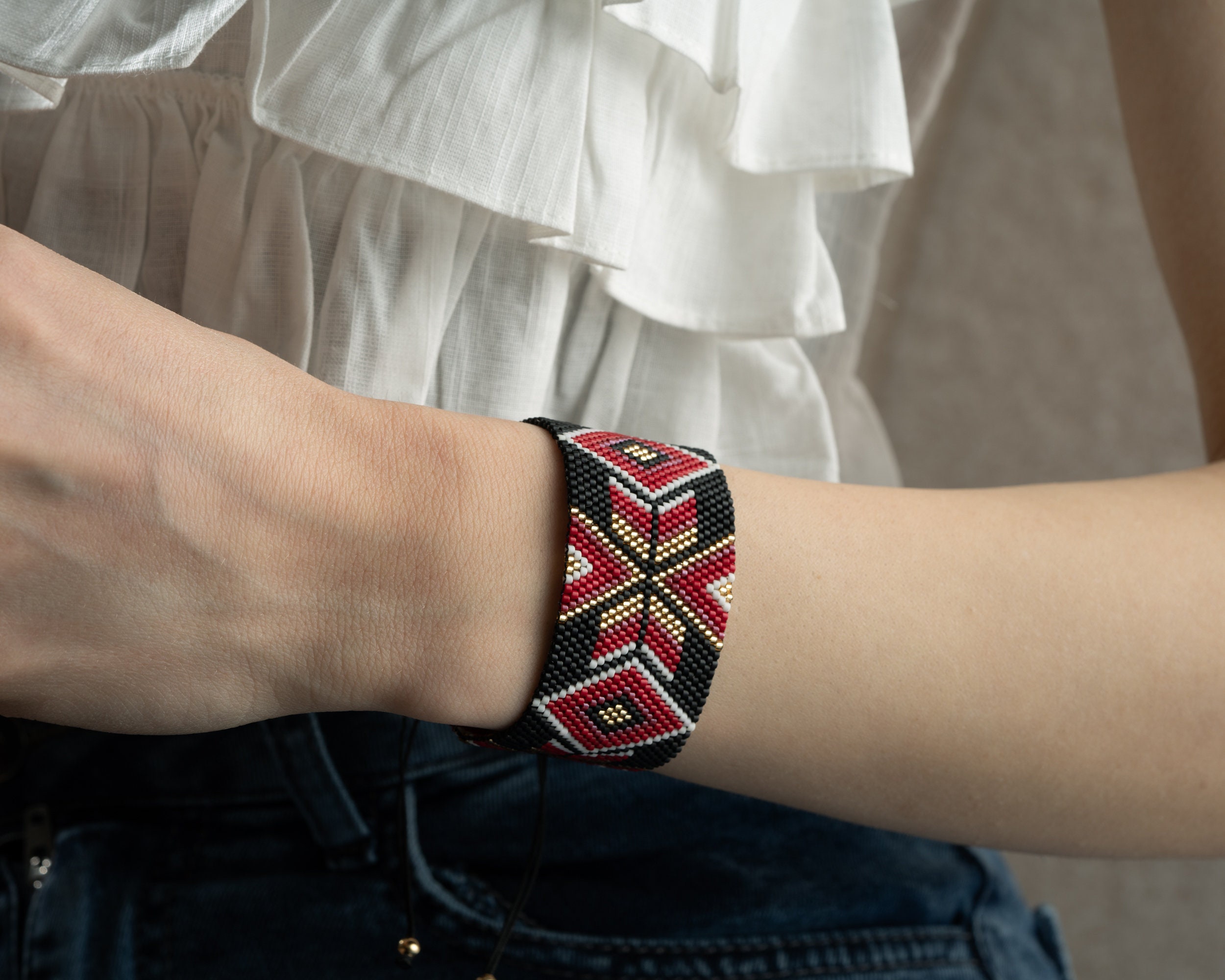 Native Black Red Beaded Bracelet, American Indian Ethnic Cuff, Aztec ...