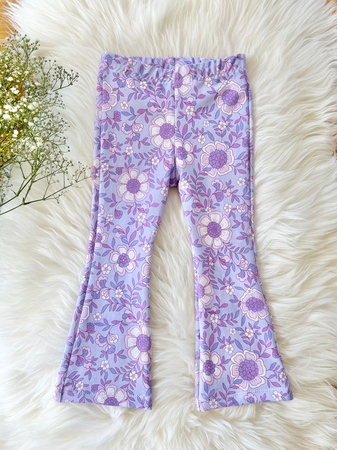 Slim Flare Pants for Girls: Pretty Purple, Girl Floral Flares, Baby ...
