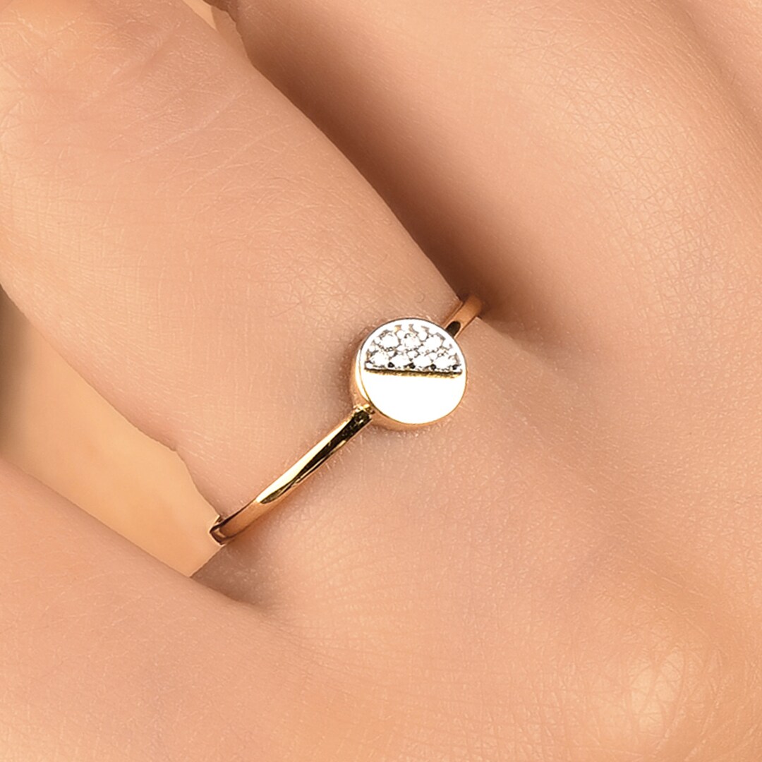 14K Gold Disc Ring • CZ Pave Circle Ring • Solid Gold Round Disc Ring ...