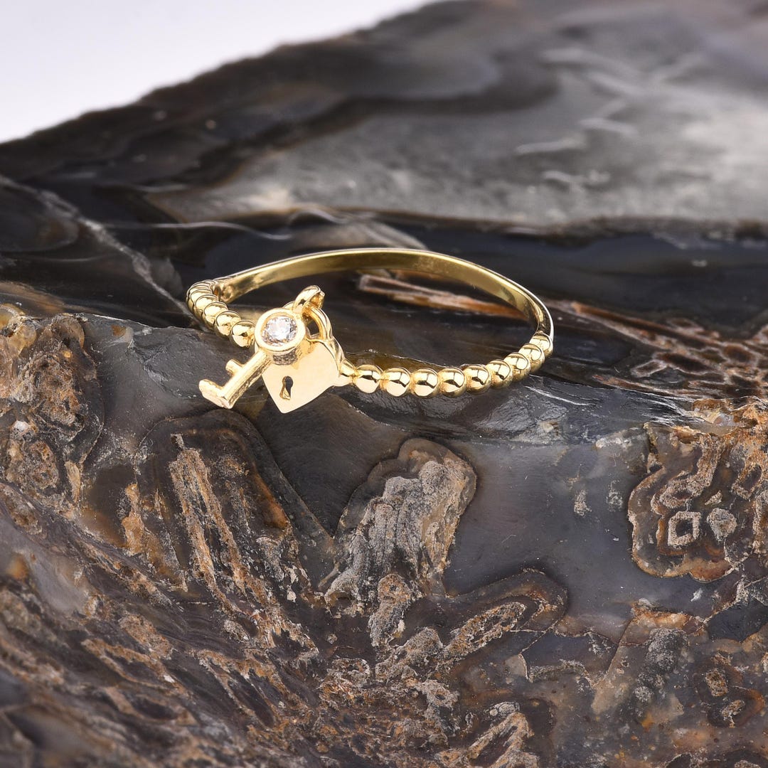 Dangle Key Heart Padlock Ring 14K Gold Padlock Ring for Girlfriend ...