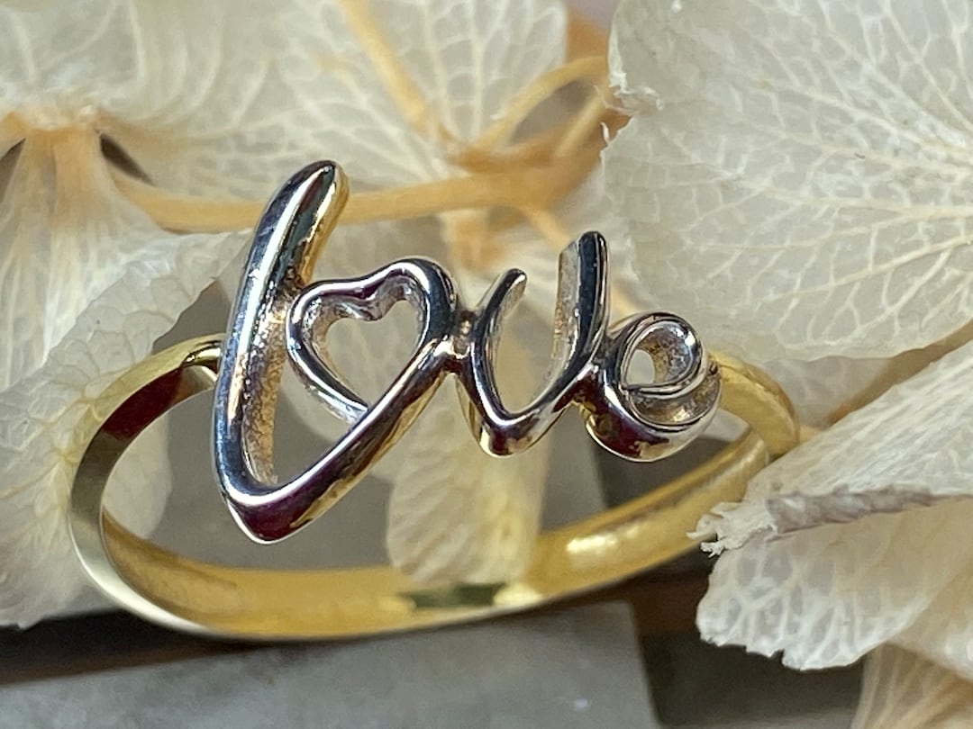 14k Solid Gold Love Ring: Dainty Script Word Ring - Etsy