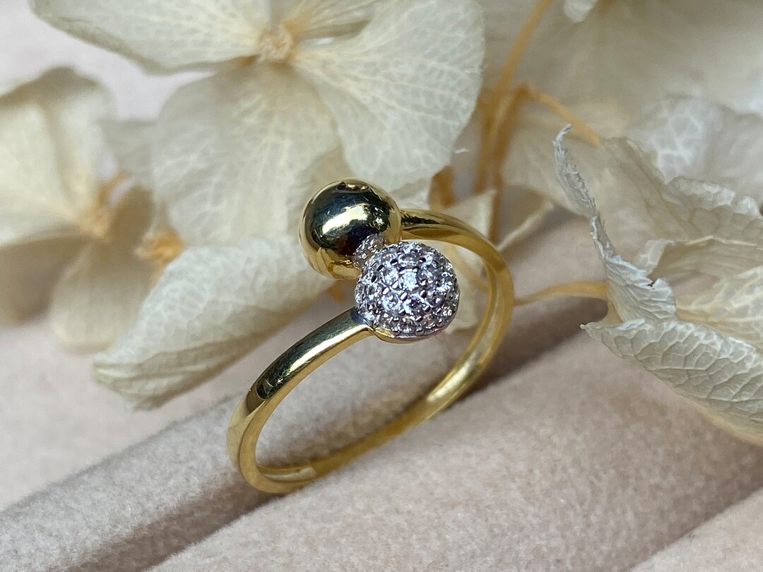 14K Gold Double Sphere Ring • Two Tone Double Ball Ring • Glitter ...