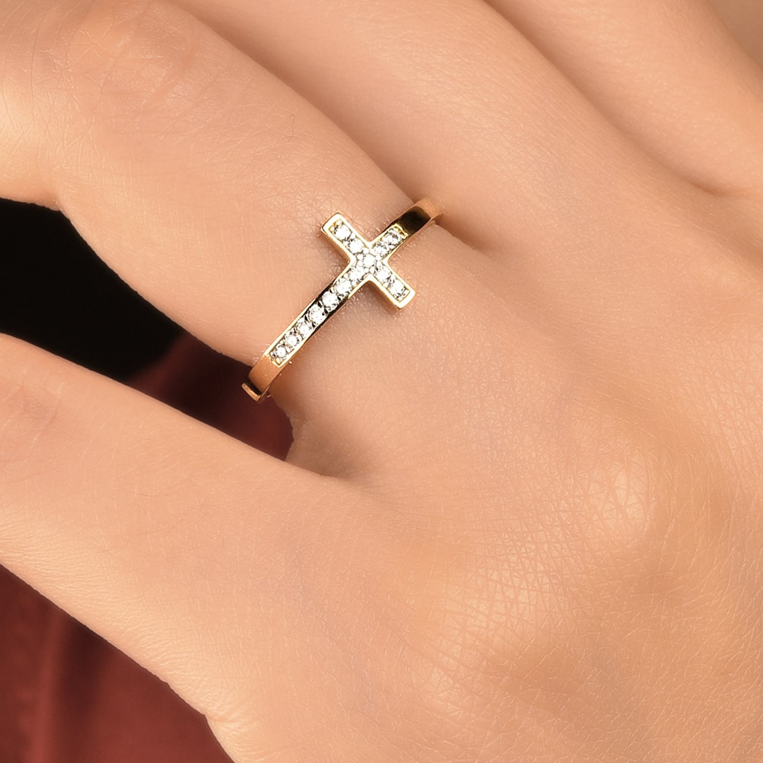 Pave Sideways Cross Ring in 14K • Solid Gold Cross Ring for Women • Birthday Gift for Wife ...