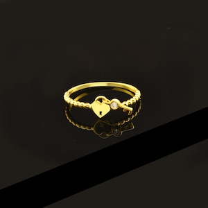 Dangle Key Heart Padlock Ring • 14K Gold Padlock Ring for Girlfriend ...