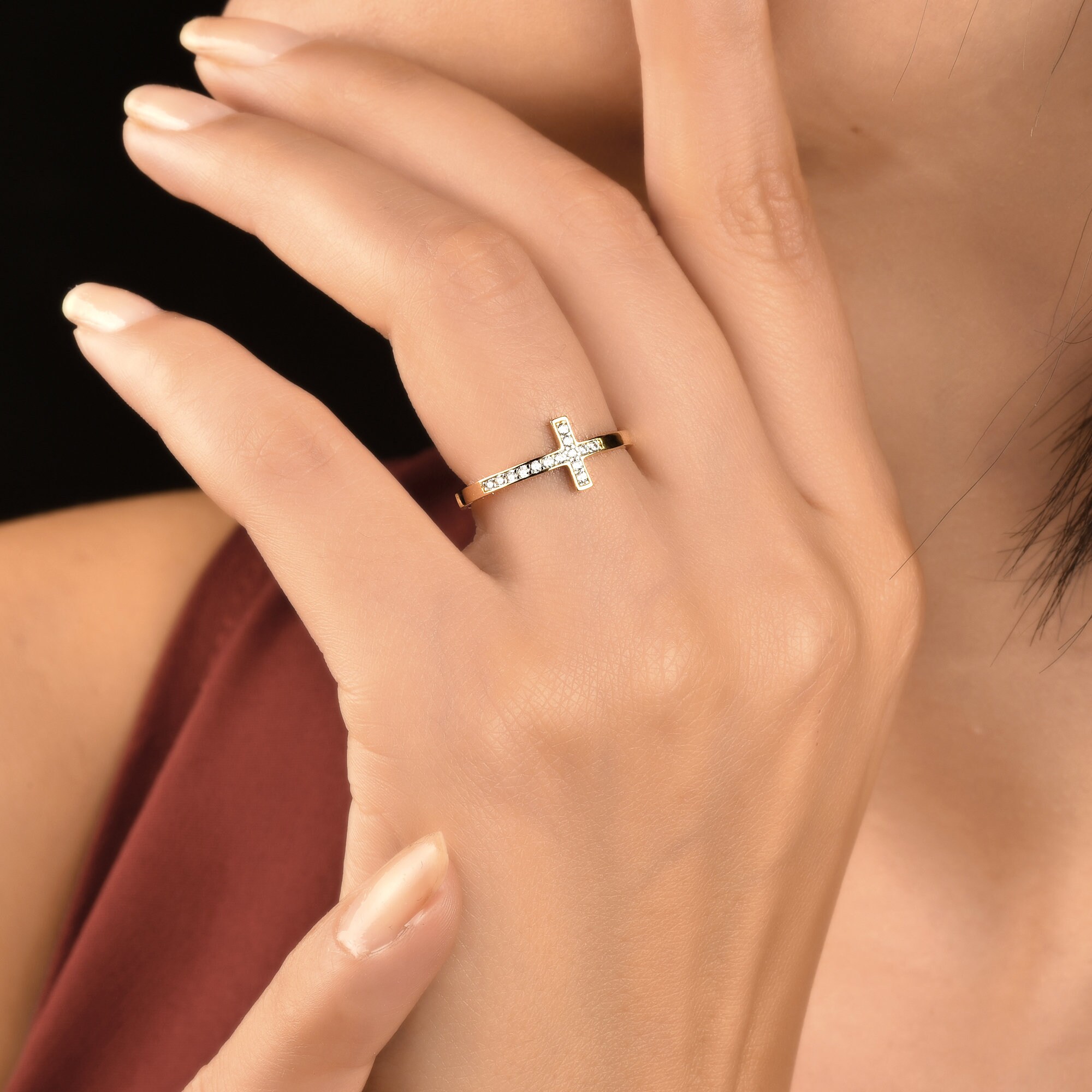 Pave Cross Ring in 14K Gold Solid Gold Cross Ring for Women Valentine's Gift for Wife Religious ...