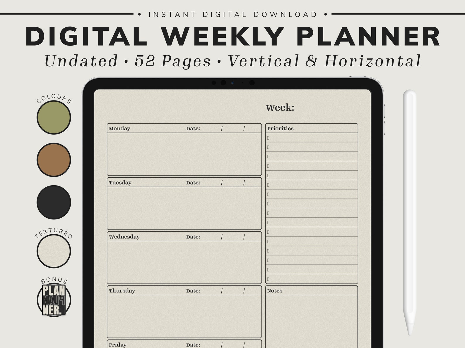 Minimalist Digital Weekly Planner Undated 52 Weeks for iPad & Tablet ...