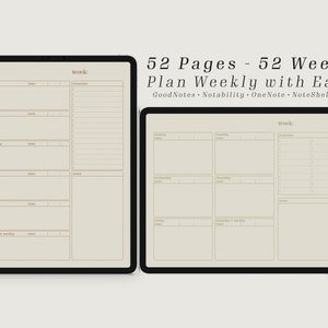 Minimalist Digital Weekly Planner Undated 52 Weeks for iPad & Tablet ...