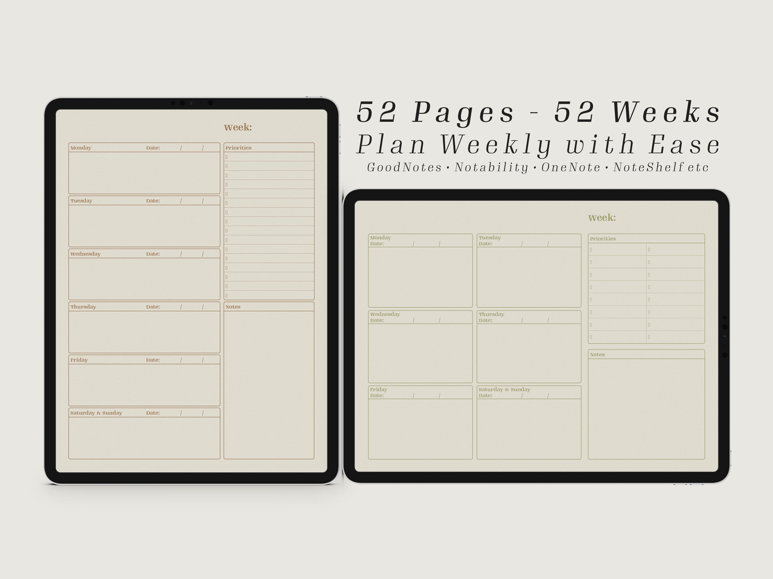Minimalist Digital Weekly Planner Undated 52 Weeks for iPad & Tablet ...