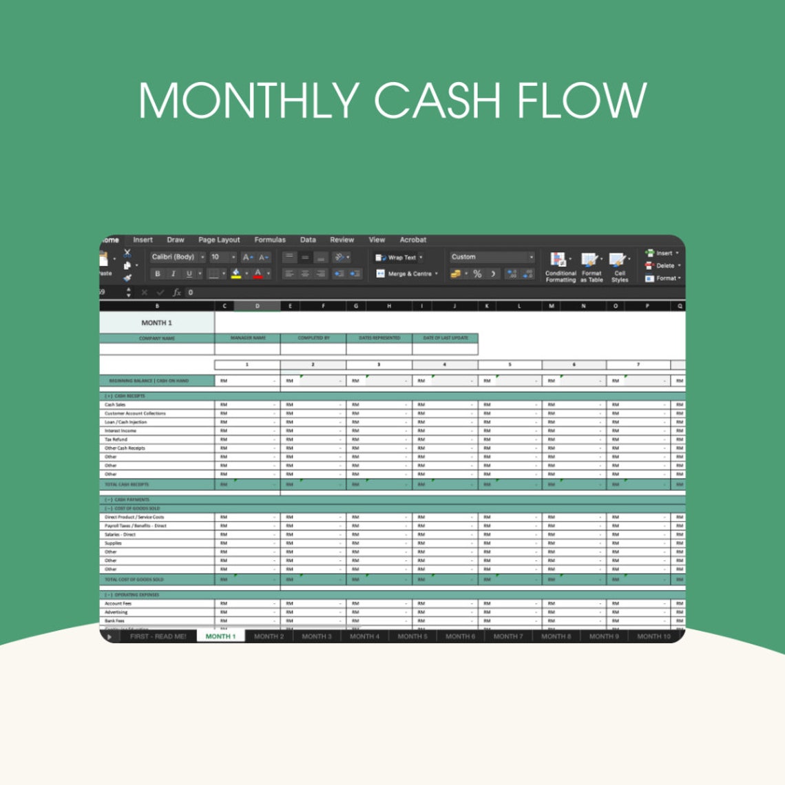 Excel Template Cash Flow Spreadsheet, Small Business, Monthly ...