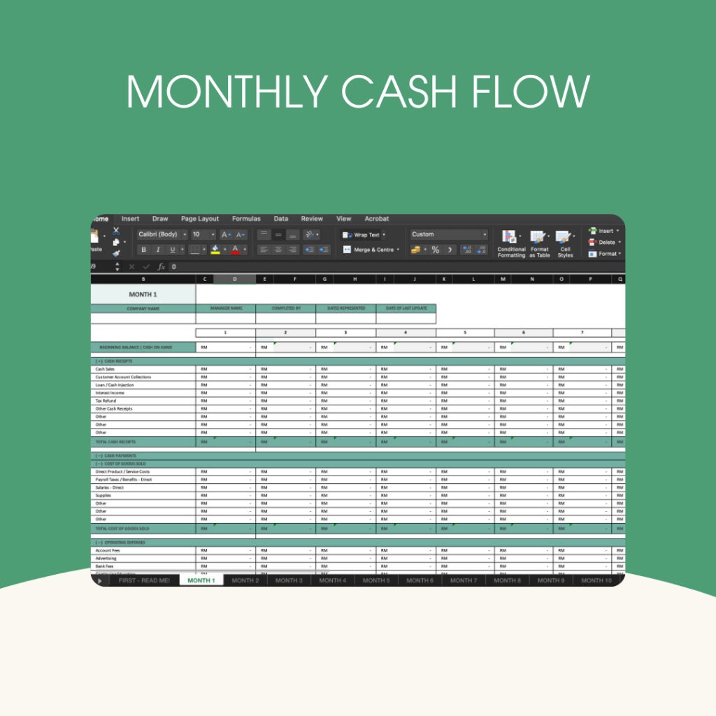 Excel Template Cash Flow Spreadsheet, Small Business, Monthly ...