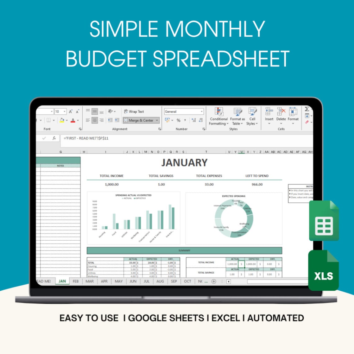 Excel Template Simple Monthly Budget Spreadsheet, Budget Planner ...