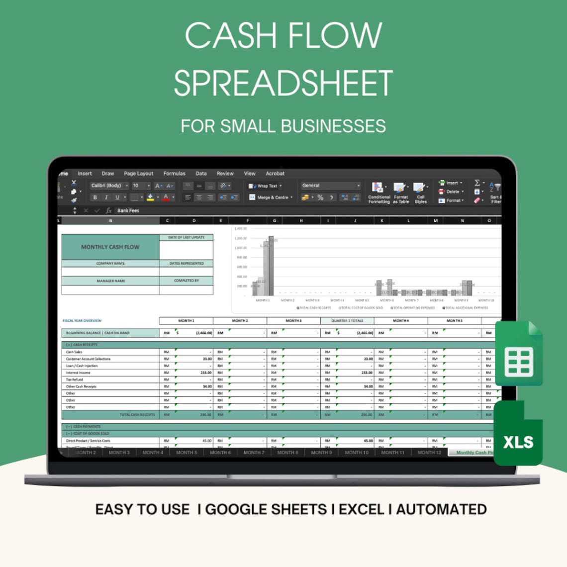 Excel Template Cash Flow Spreadsheet, Small Business, Monthly ...