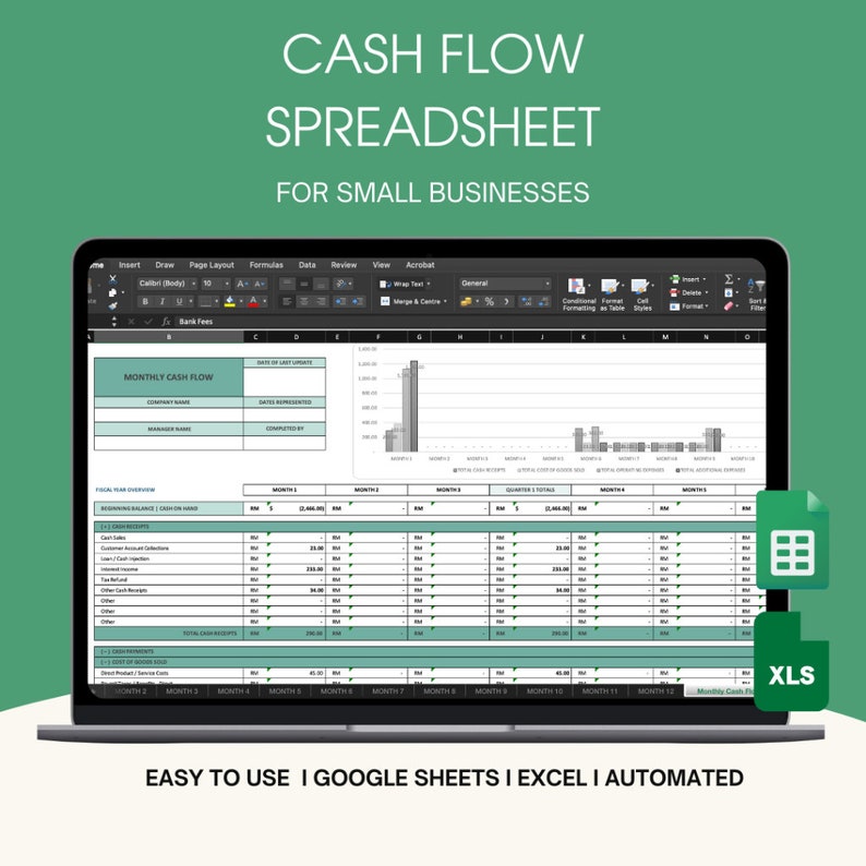 Excel Template Cash Flow Spreadsheet, Small Business, Monthly ...