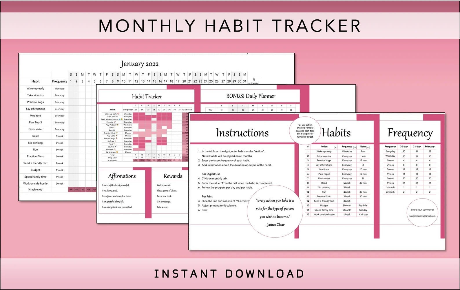 Habit Tracker Spreadsheet, Habit Tracker Template, Monthly Habit ...