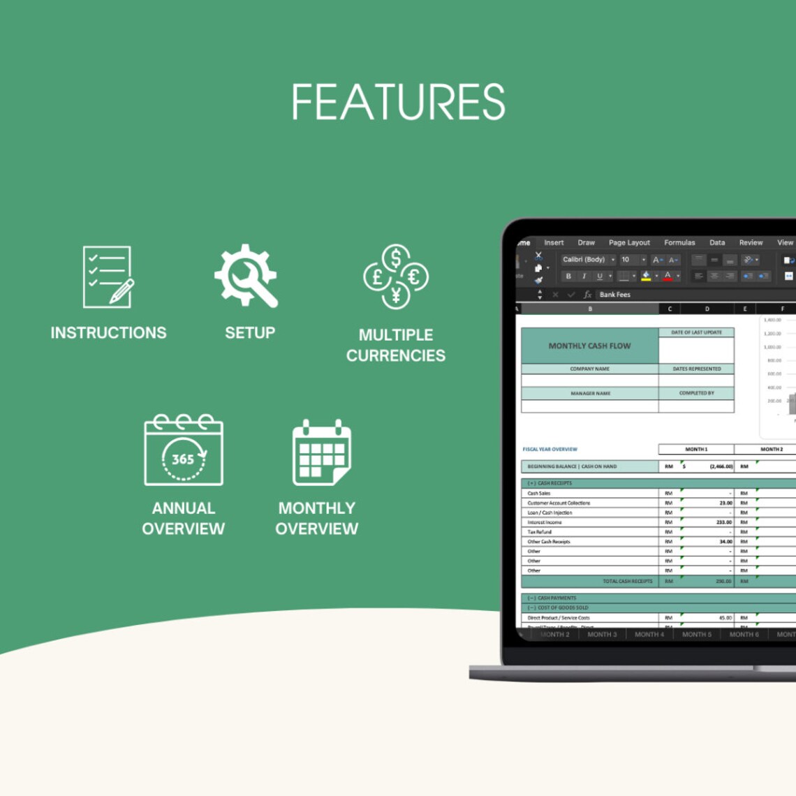 Excel Template Cash Flow Spreadsheet, Small Business, Monthly ...