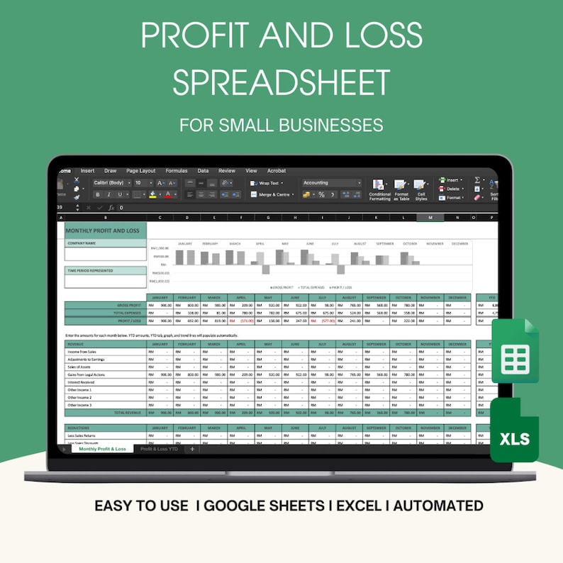 Excel Template Profit and Loss Spreadsheet, Small Business, Monthly ...