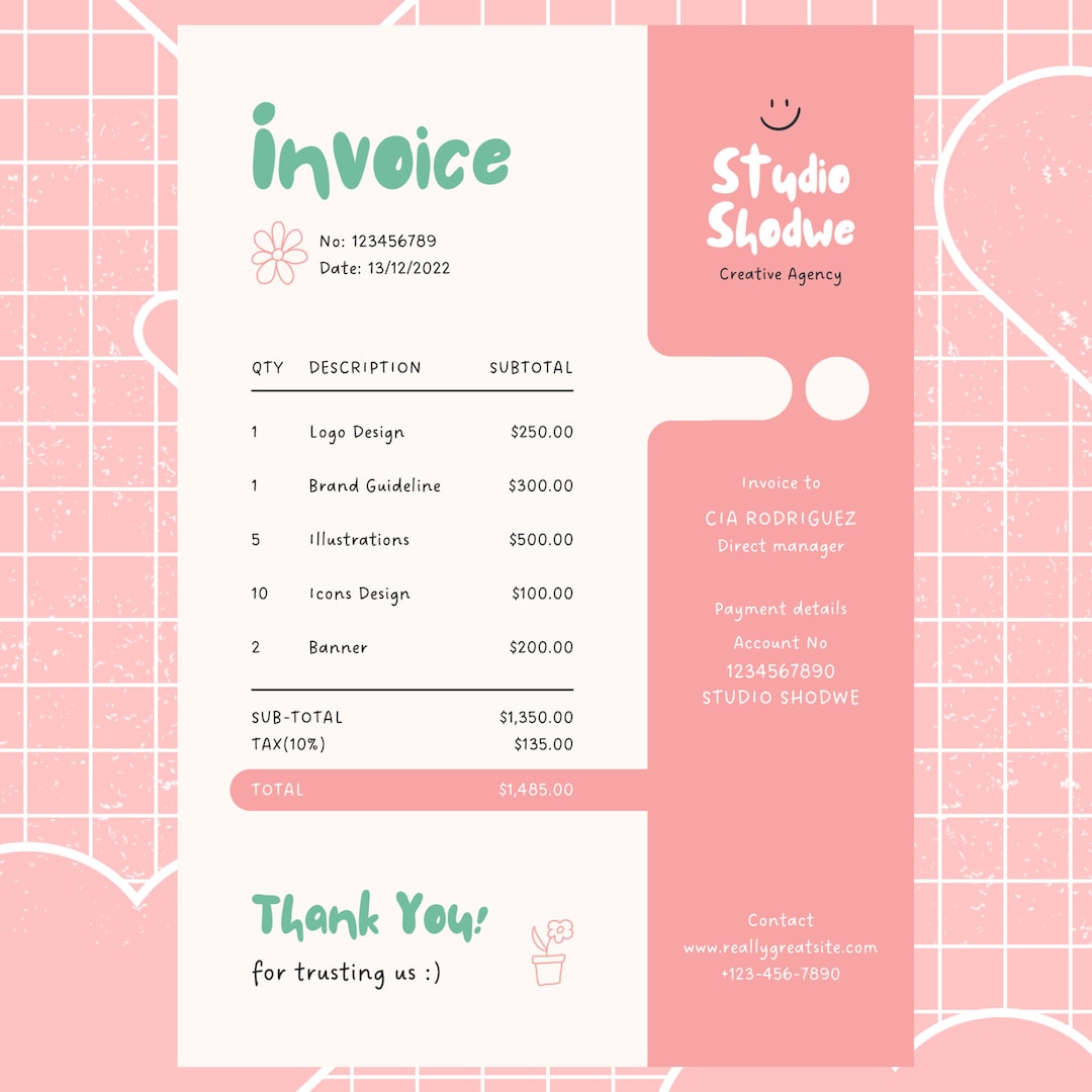 Pink Cute Invoice for Small Business Canva Ediitable Invoice - Etsy