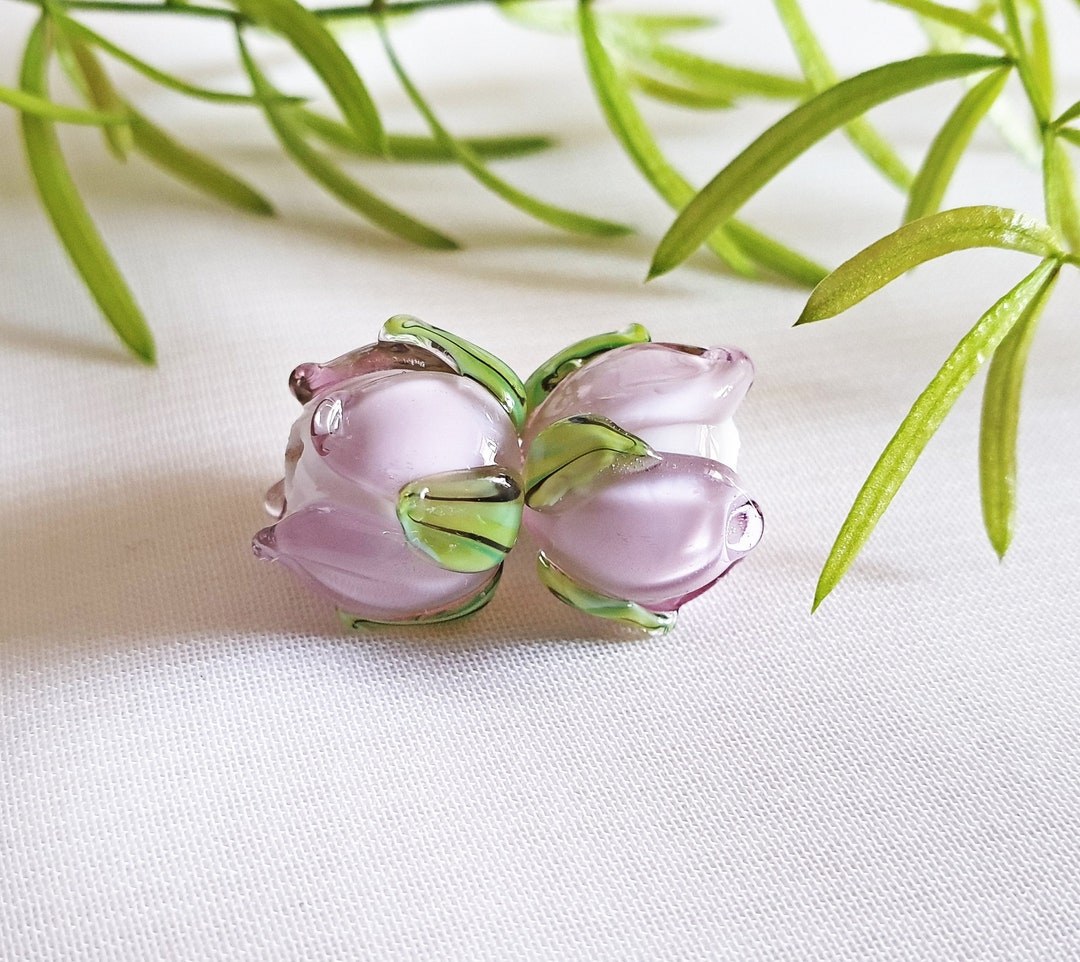 DELICATE ROSE BUDS, 1pc, Beautiful Flower Glass Beads, Lampwork Peony ...