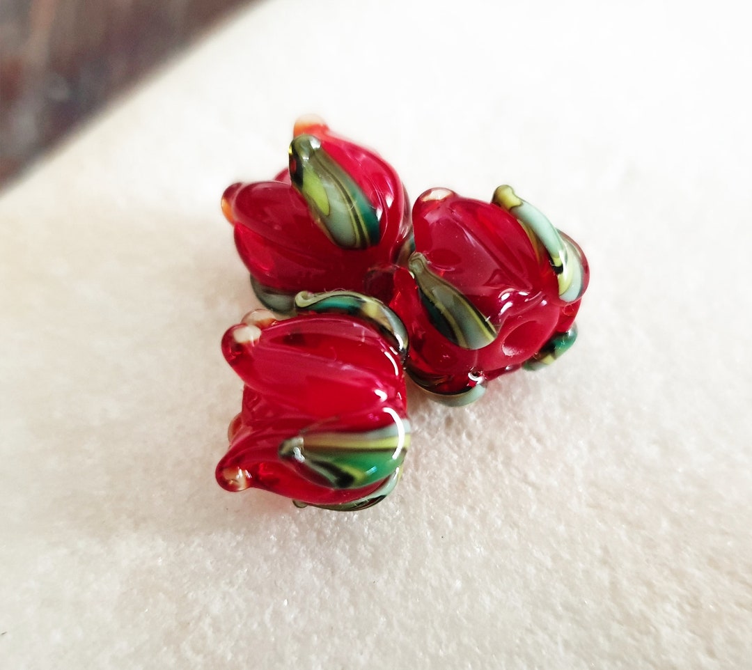 BEAUTIFUL RED ROSE Bud, Rose Glass Bead, Lampwork Flower Bead, 10mm Red ...