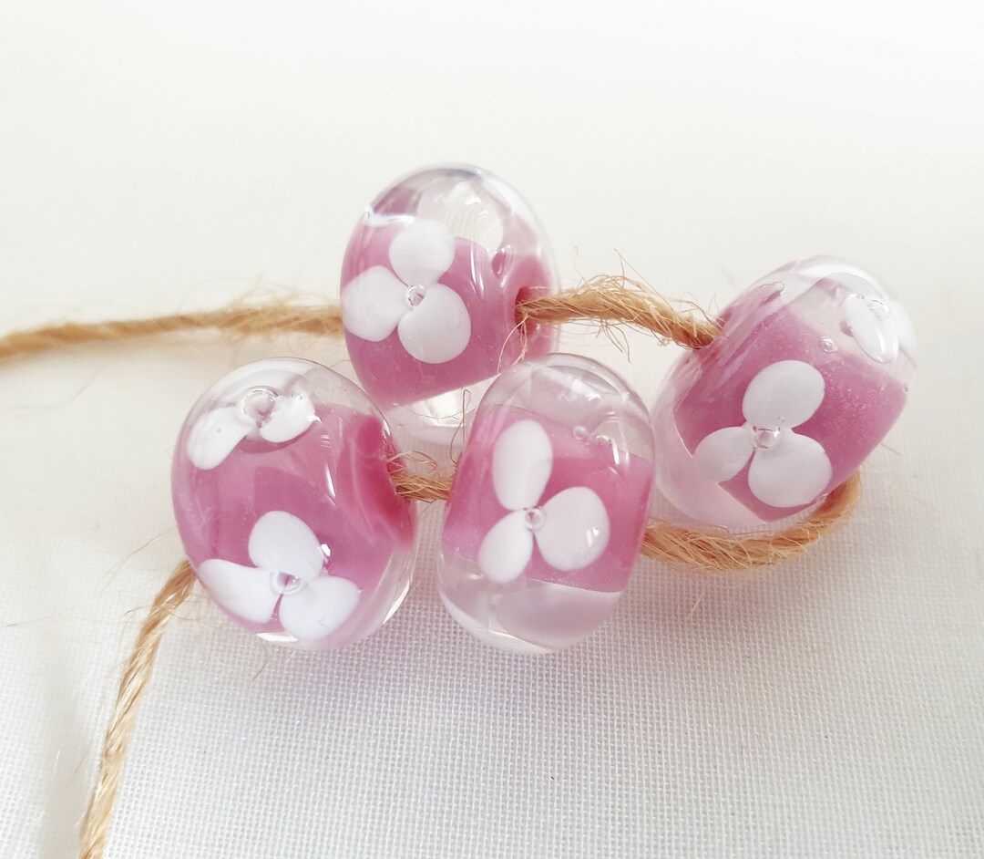 BLOSSOM in the ICE BEADS, Pink Glass Beads, 14mm Lampwork Flower Inside ...