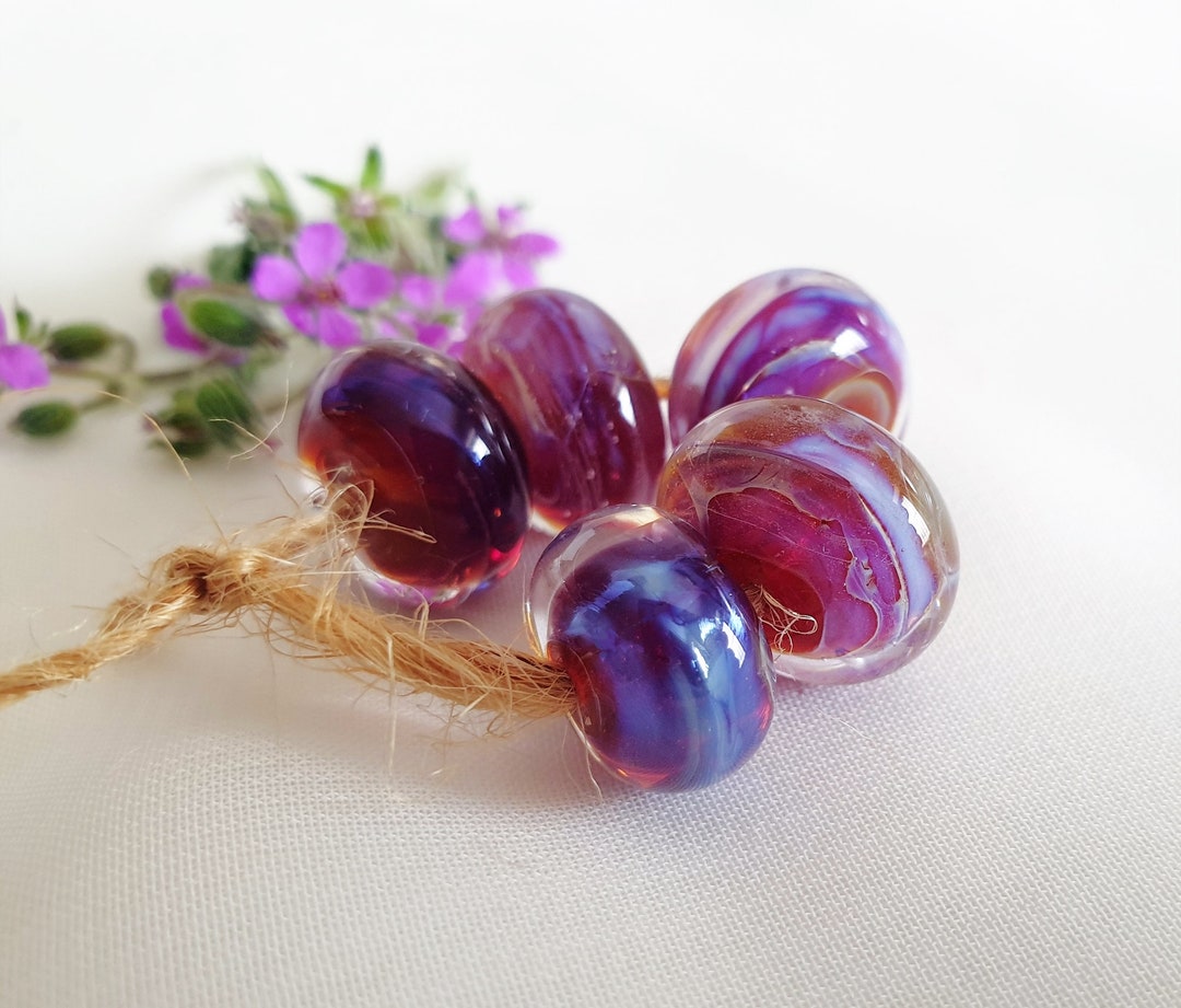 PURPLE SUNSET BEADS, Elegant Fancy Silver Glass Beads, 13x8mm Lampwork ...