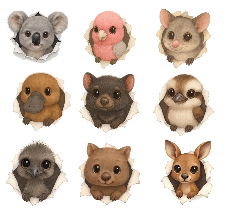 Australian Baby Animals Clipart, Cute PNG Bundle, Peeking Animal Art ...