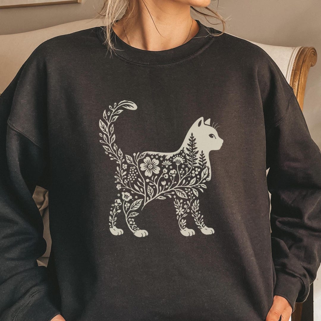 Cat Sweatshirt Boho Cat Plants Forest Nature Sweater Flower Trees ...