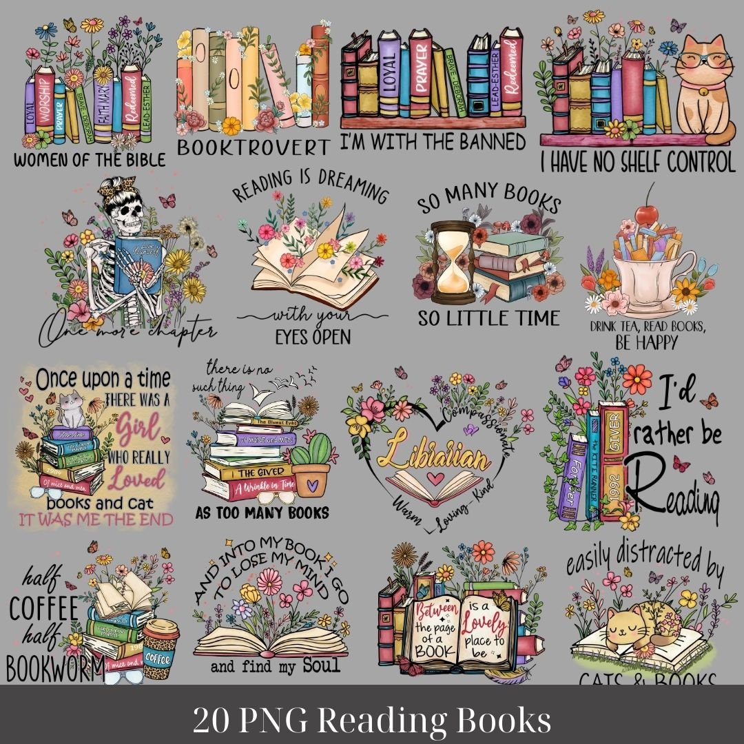 Reading Books Sublimation-bundle, Floral Books Png, Librarian Png, Book ...