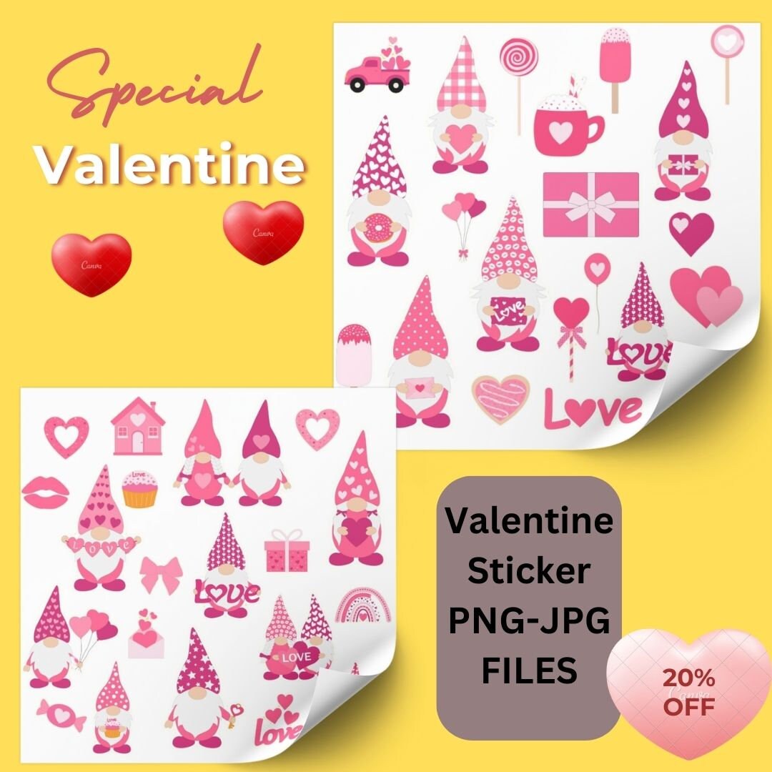 Gnome Valentine Stickers, Valentine Printable Stickers Bundle, Gnome ...