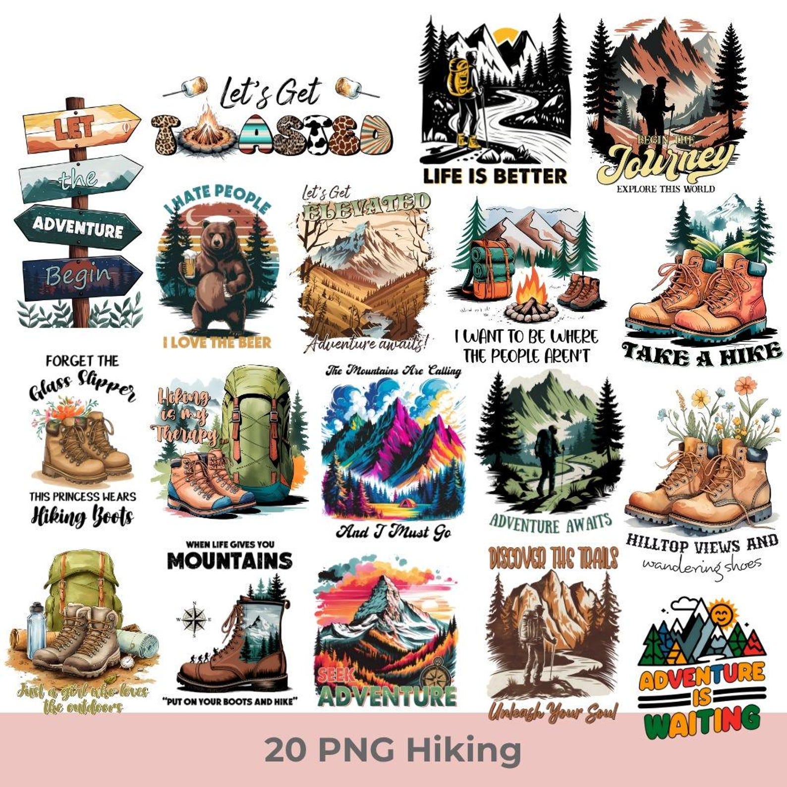 Retro Hiking PNG Bundle, Mountain Hiker Png, Nature Hiking Png, Hiking ...