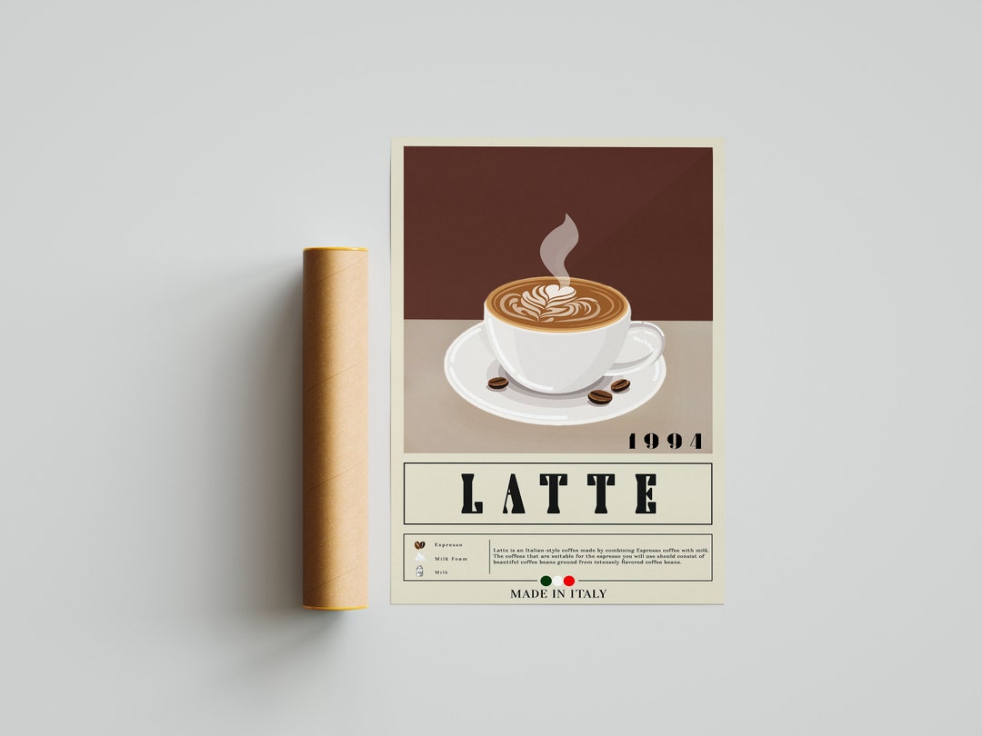 Latte Poster, Coffee Print, Italian Coffee, Retro Poster, Housewarming ...