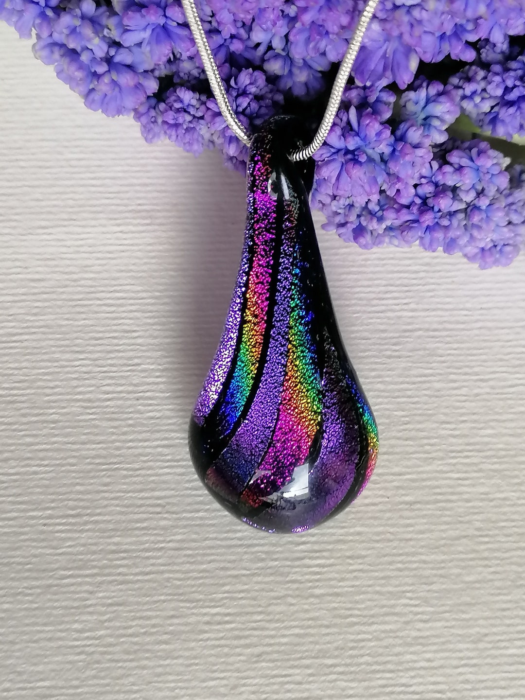 Purple Dichroic Fused Glass Necklace, Handmade Rainbow Colored Dichroic ...