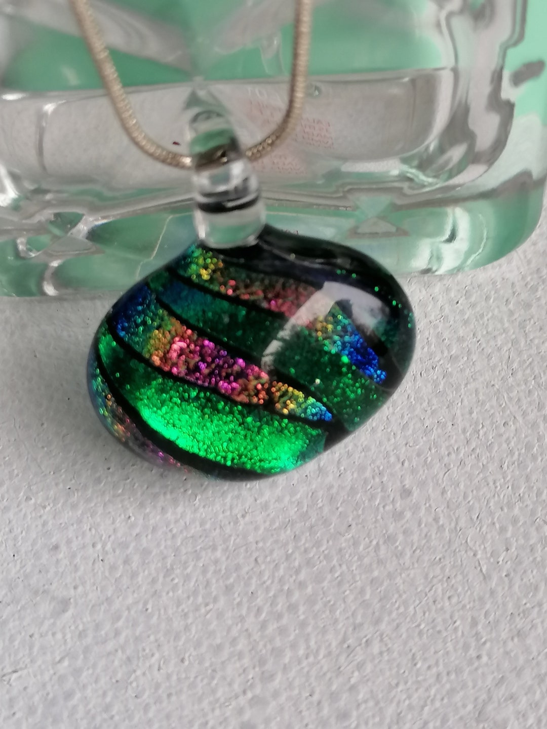 Dichroic Fused Glass Pendant, Fused Glass Emerald Green and Rainbow ...