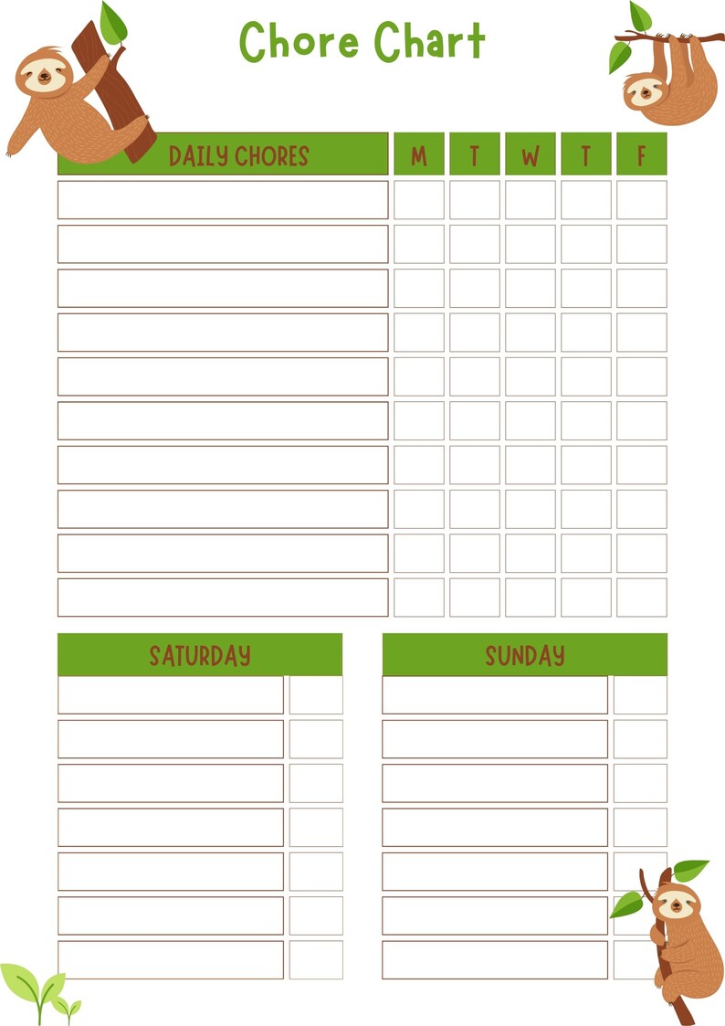 Sloth Printable Daily Routine Chart, Daily Routine Chart for Kids ...