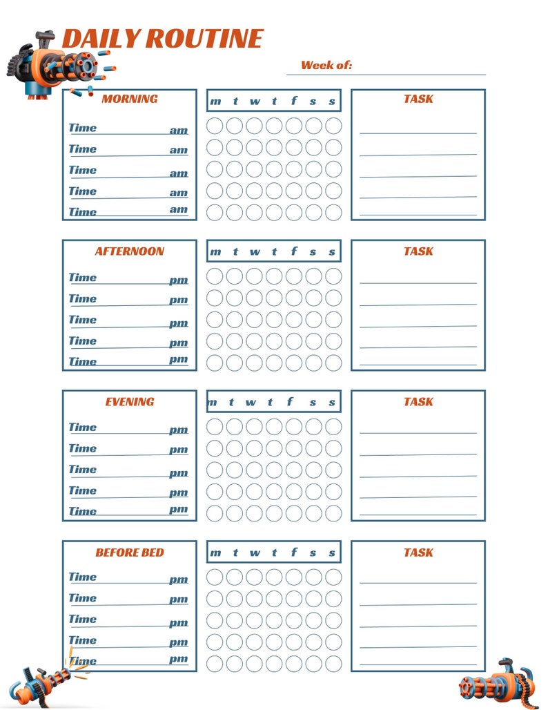 Dart Gun Printable Daily Routine Chart, Daily Routine Chart for Kids ...