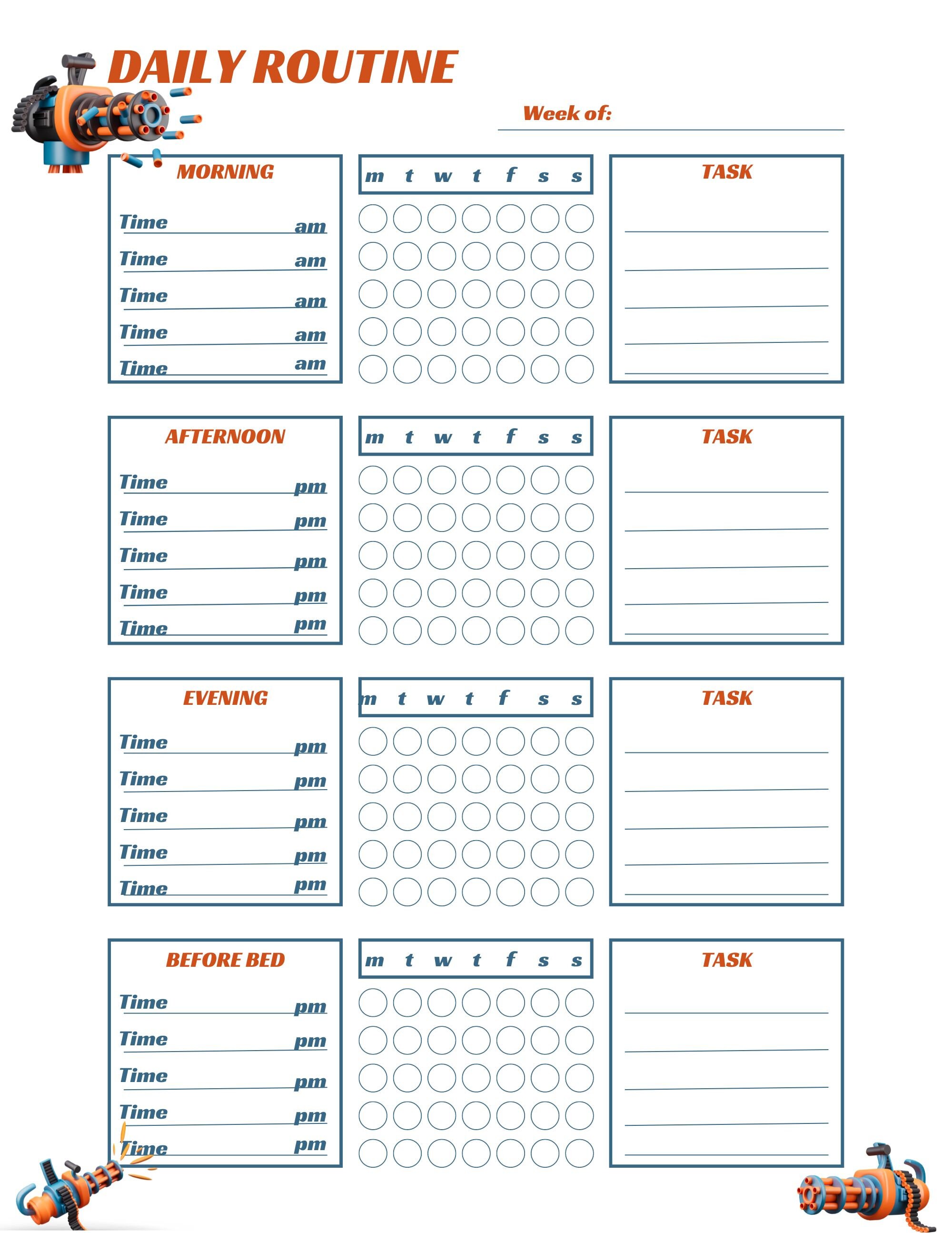 Dart Gun Printable Daily Routine Chart, Daily Routine Chart for Kids ...