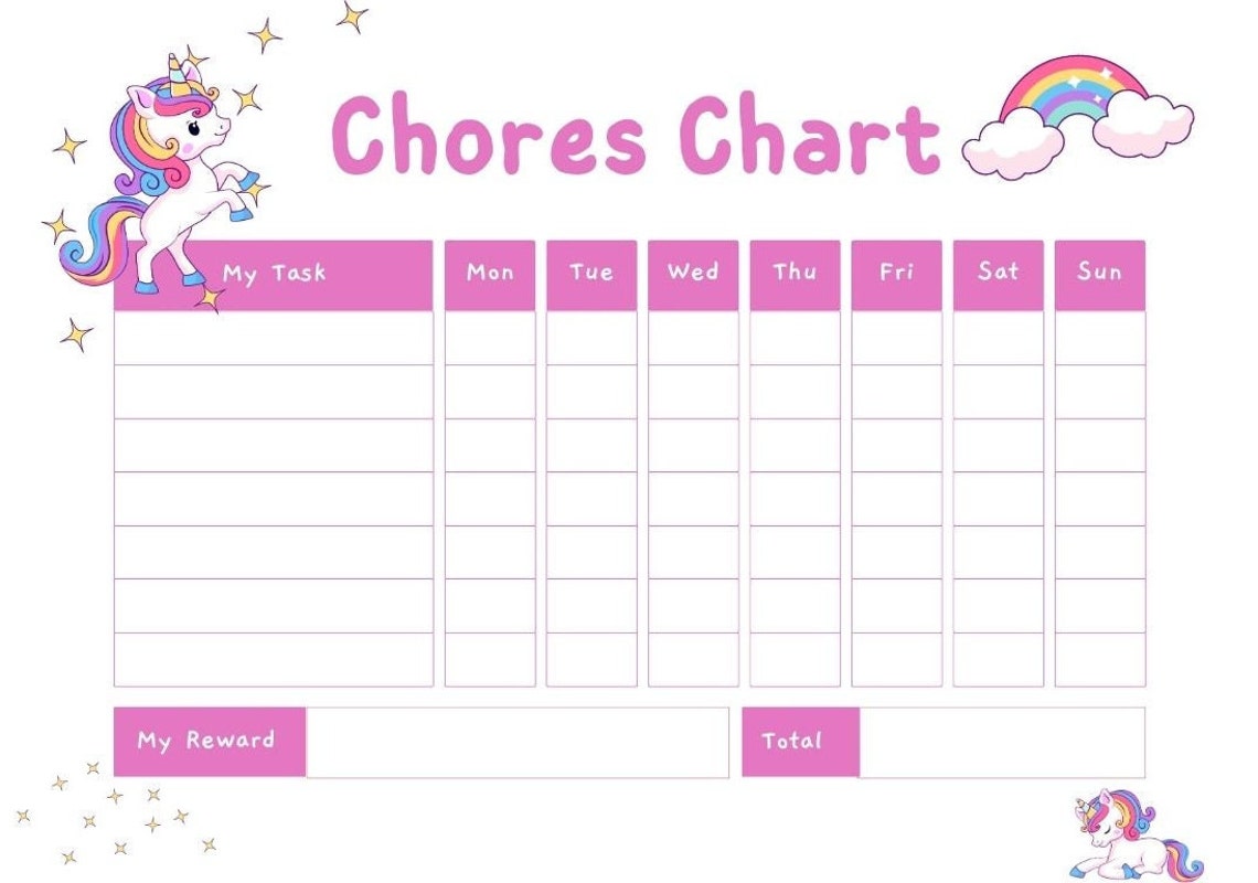 Unicorn Printable Chores Chart, Chore Chart for Kids, Kids Chore Chart ...