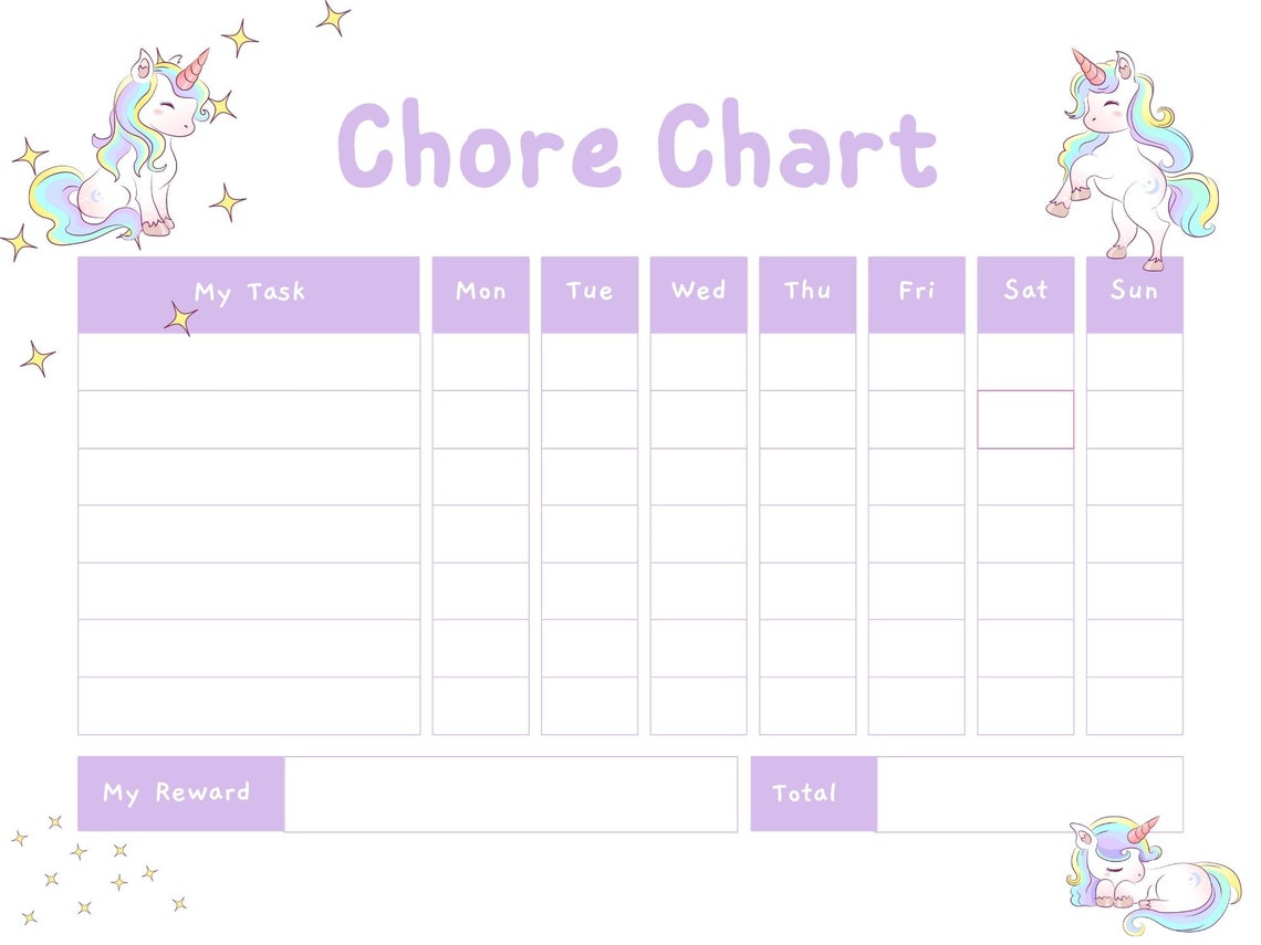 Unicorn Printable Chores Chart, Chore Chart for Kids, Kids Chore Chart ...