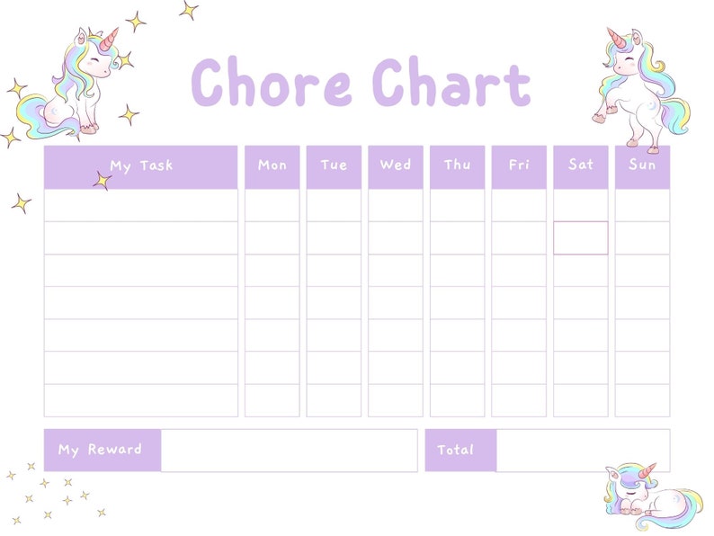 Unicorn Printable Chores Chart, Chore Chart for Kids, Kids Chore Chart ...