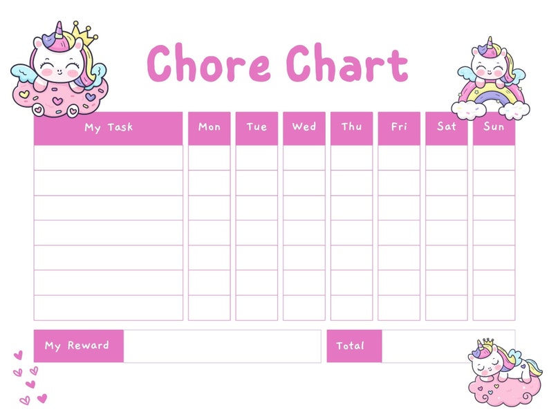 Unicorn Printable Chores Chart Kawaii, Chore Chart for Kids, Kids Chore ...